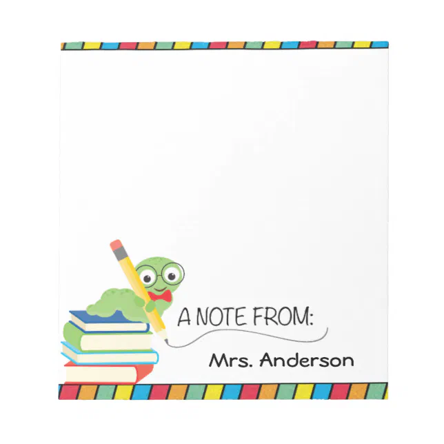 Cute Bookworm A Note From Teacher Notepad | Zazzle