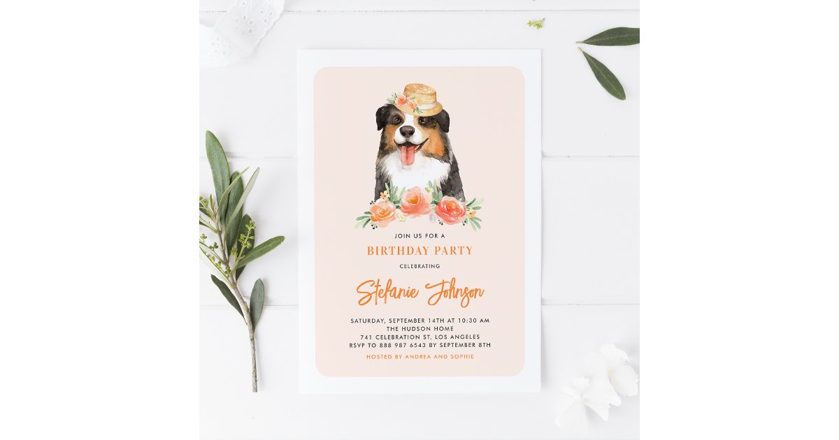 Cute Border Collie Peach Floral Kids Birthday Invitation | Zazzle