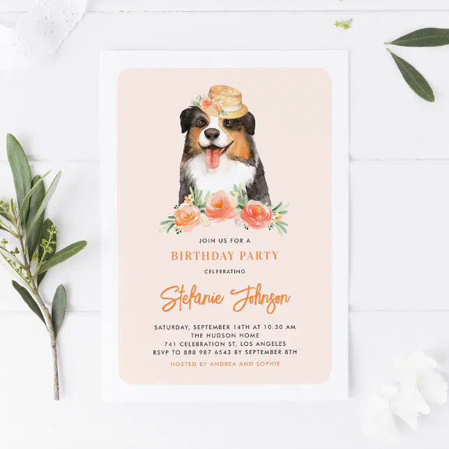 Cute Border Collie Peach Floral Kids Birthday Invitation | Zazzle