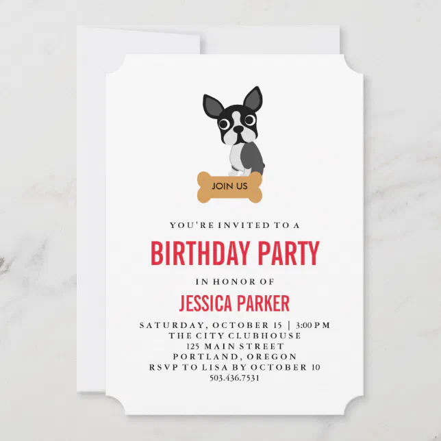 Cute Boston Terrier with Bone Birthday Party Invitation | Zazzle