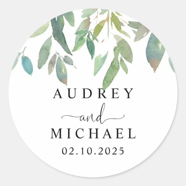 Cute Botanical Greenery Sage Green Couple Wedding Classic Round Sticker ...