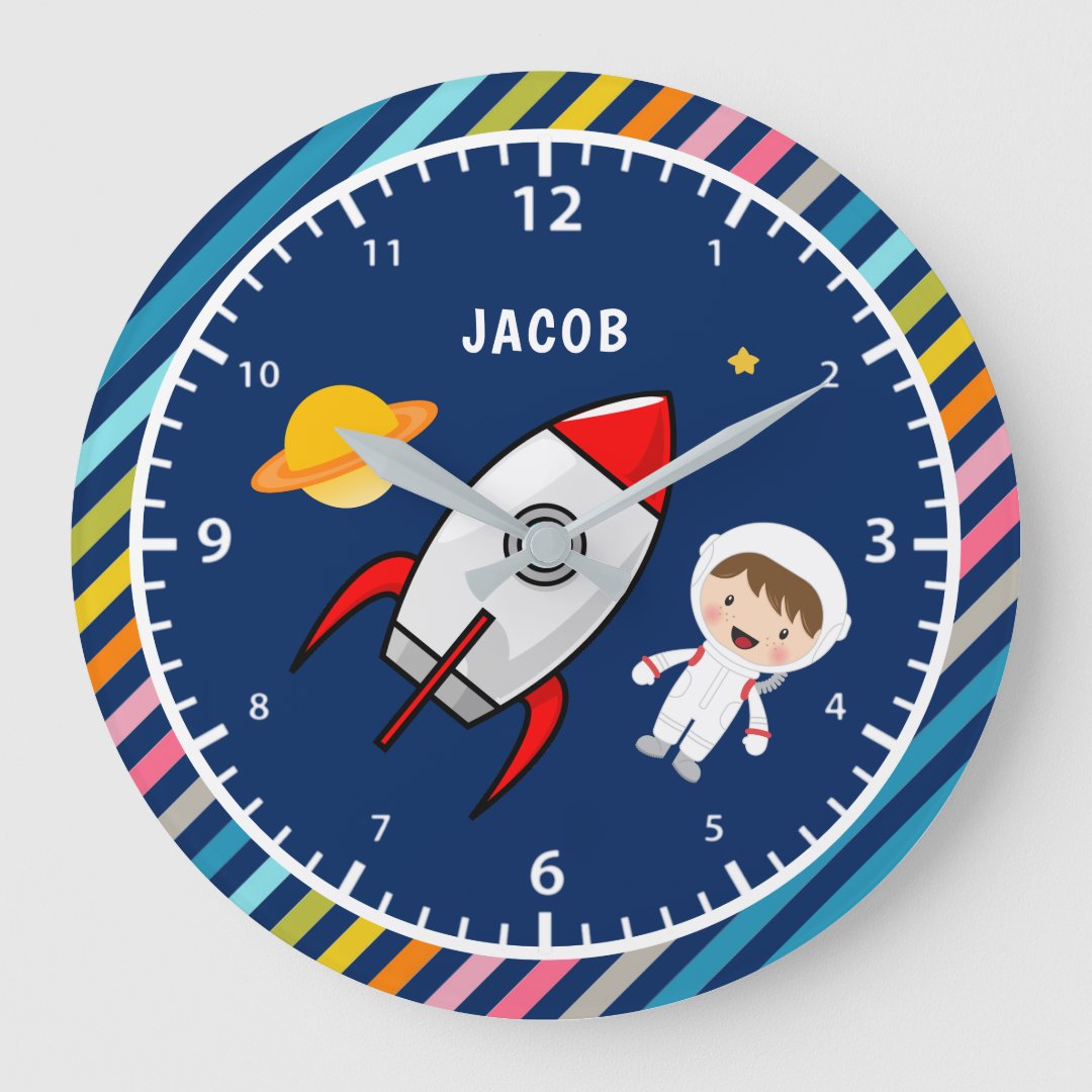 Cute Boy Astronaut Outer Space Rocket Kids Room Large Clock | Zazzle