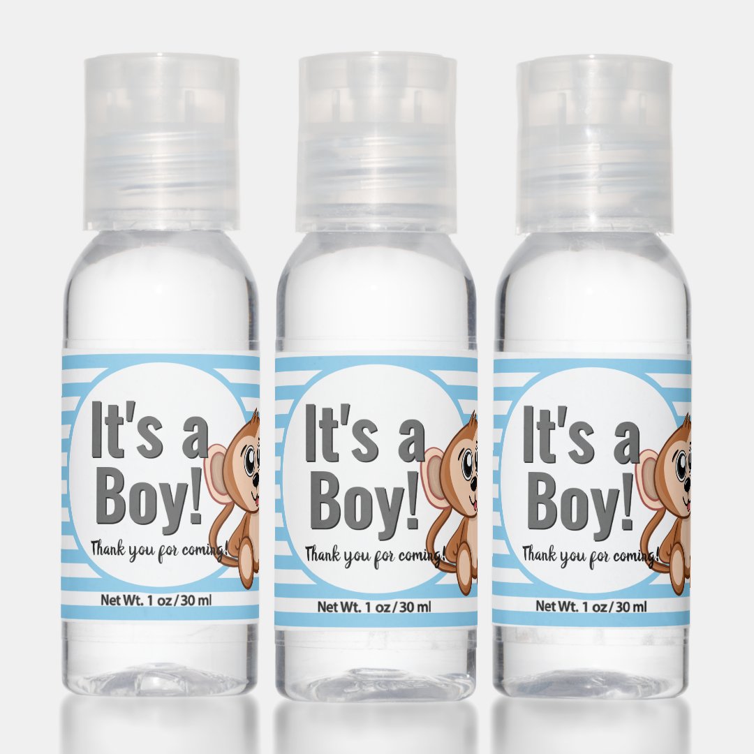 Cute Boy Baby Shower Monkey Striped Favor Thanks Hand Sanitizer | Zazzle