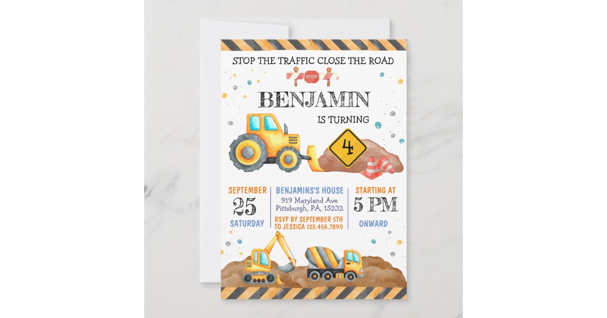 Cute Boy Birthday Construction Vehicles Party Invitation | Zazzle