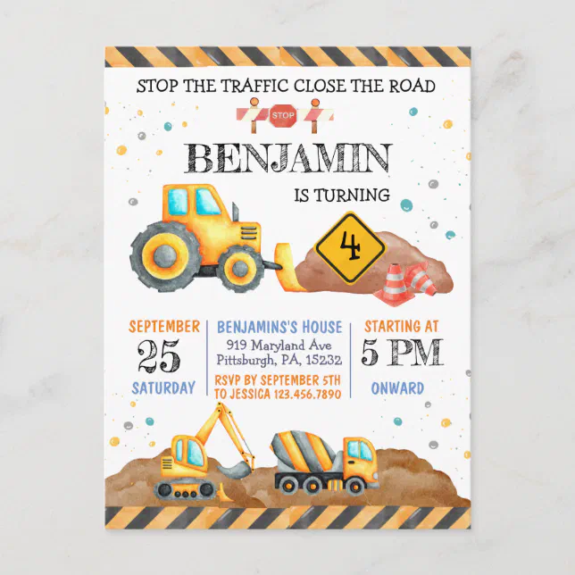 Cute Boy Birthday Construction Vehicles Party Postcard | Zazzle