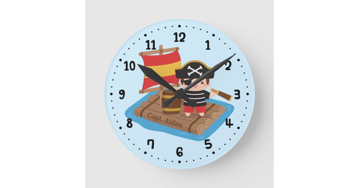 Cute Boy Pirate Set Sail Wooden Raft Kids Room Round Clock | Zazzle