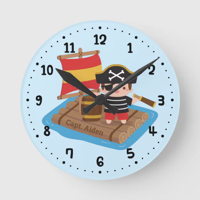 Cute Boy Pirate Set Sail Wooden Raft Kids Room Round Clock | Zazzle