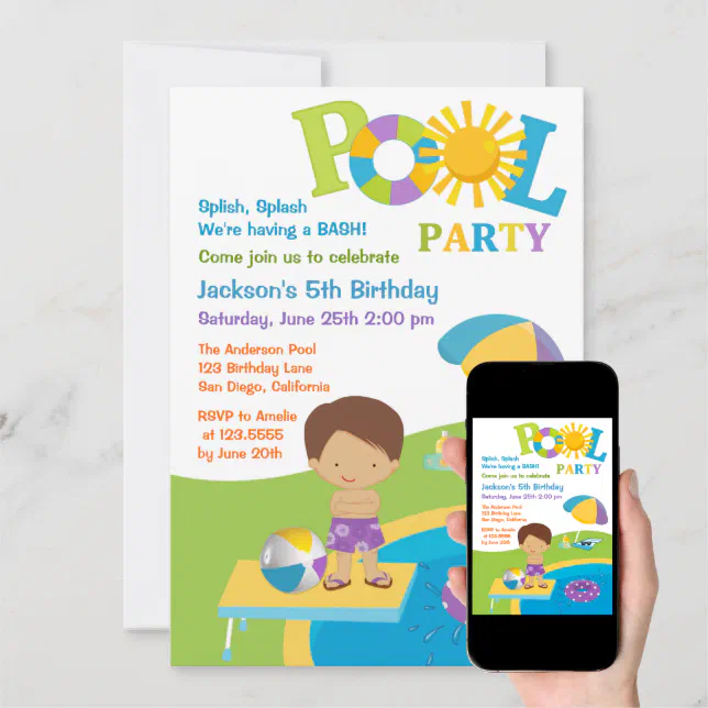 Cute Boy Pool Party Birthday Invitation | Zazzle