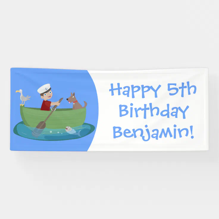 Cute boy sailor and dog rowing boat cartoon banner | Zazzle