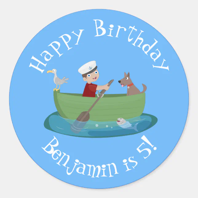 Cute boy sailor and dog rowing boat cartoon classic round sticker | Zazzle