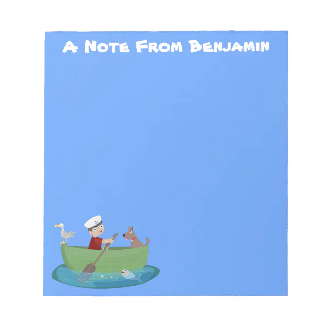 Cute boy sailor and dog rowing boat cartoon notepad | Zazzle