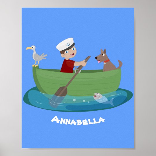 Cute boy sailor and dog rowing boat cartoon poster | Zazzle.com