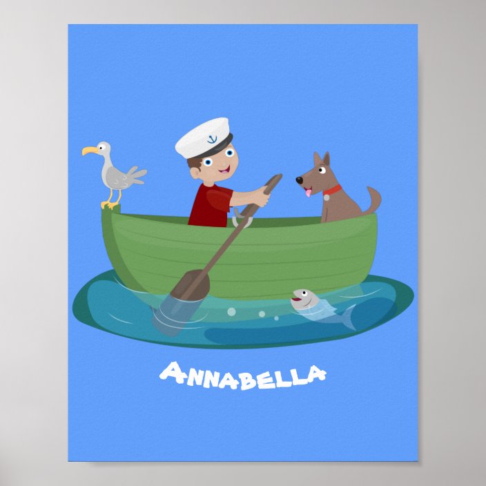 Cute boy sailor and dog rowing boat cartoon poster | Zazzle.com