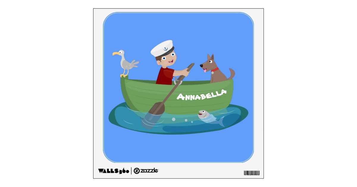 Cute boy sailor and dog rowing boat cartoon wall decal | Zazzle