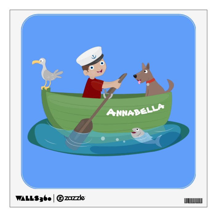 Cute boy sailor and dog rowing boat cartoon wall decal | Zazzle.com