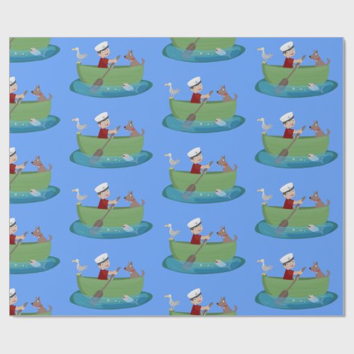 Cute boy sailor and dog rowing boat cartoon wrapping paper | Zazzle