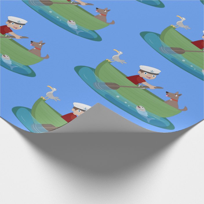 Cute boy sailor and dog rowing boat cartoon wrapping paper | Zazzle.com
