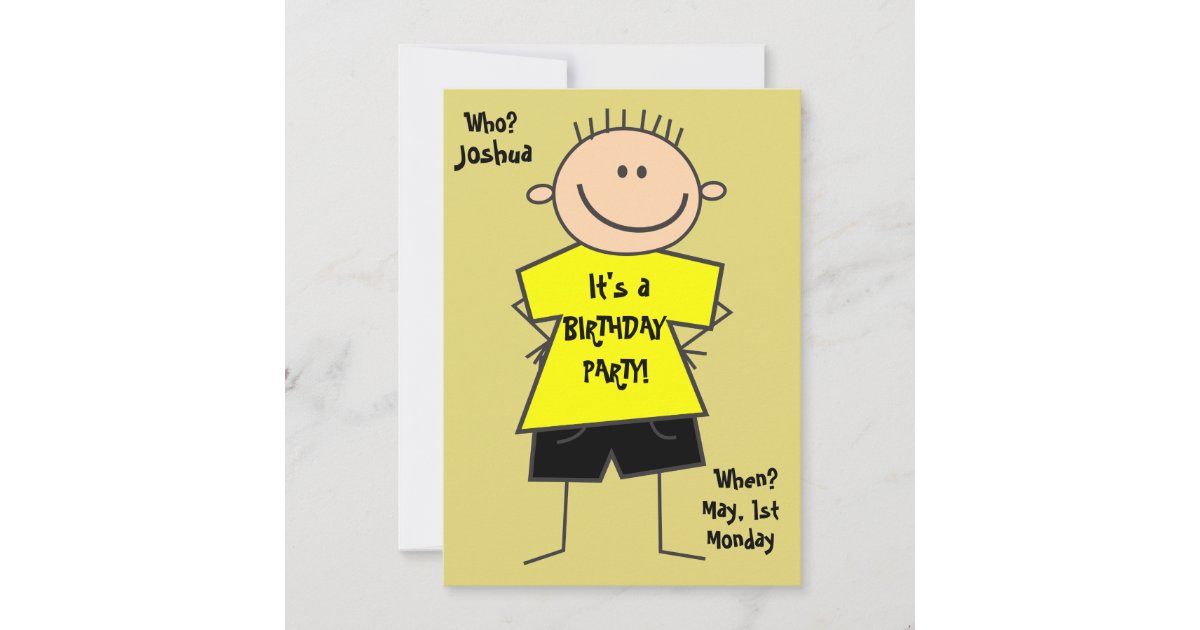 Cute Boy Stick Figure Birthday Invitation | Zazzle