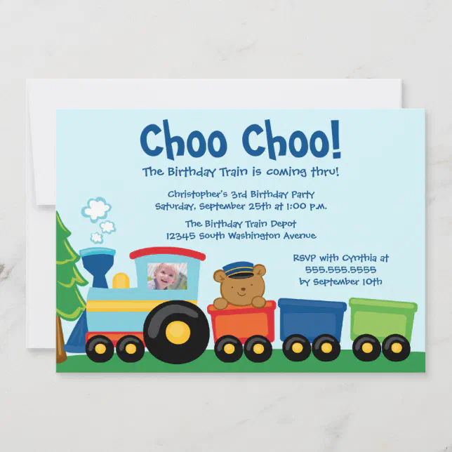 Cute boy's train birthday party photo invitation | Zazzle