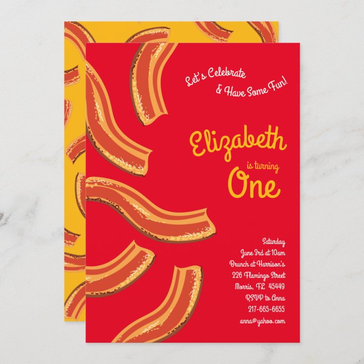 Cute Breakfast Brunch Kid 1st Birthday Party Bacon Invitation | Zazzle