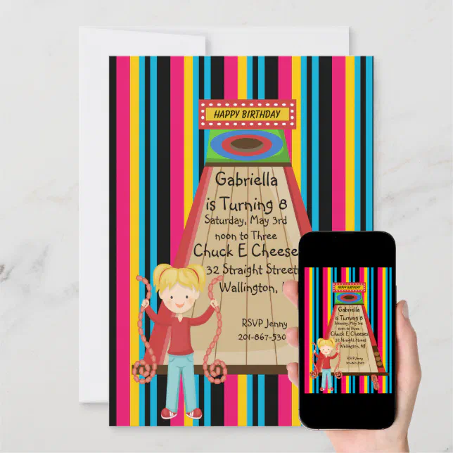 Cute, Bright, and Striped Girls Arcade Invitation | Zazzle
