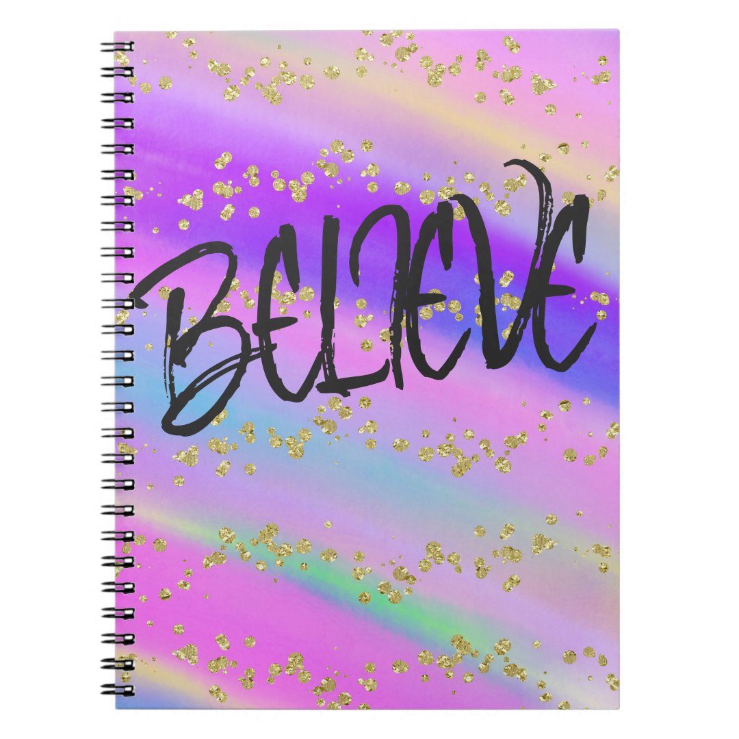 Cute Bright Colorful Believe Gold Glitter Notebook | Zazzle