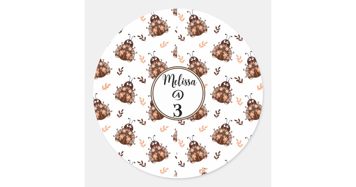 Cute Brown and Beige Ladybug and Flower Pattern Classic Round Sticker ...