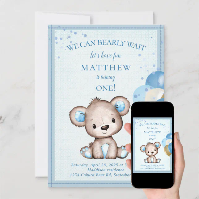 Cute Brown Bear For Boy First Birthday Invitation | Zazzle