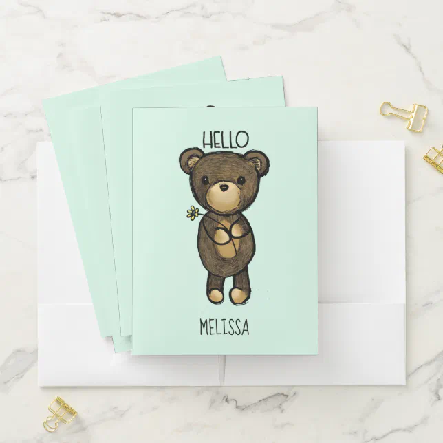 Cute Brown Bear Holding a Yellow Flower Pocket Folder | Zazzle