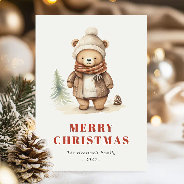 Cute Brown Bear Merry Christmas Holiday Postcard | Zazzle