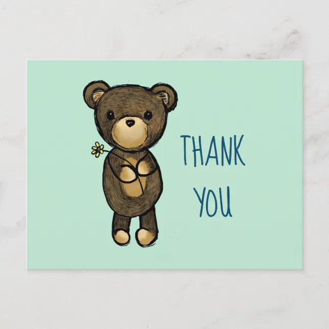 Cute Brown Bear with Yellow Flower Thank You Postcard | Zazzle