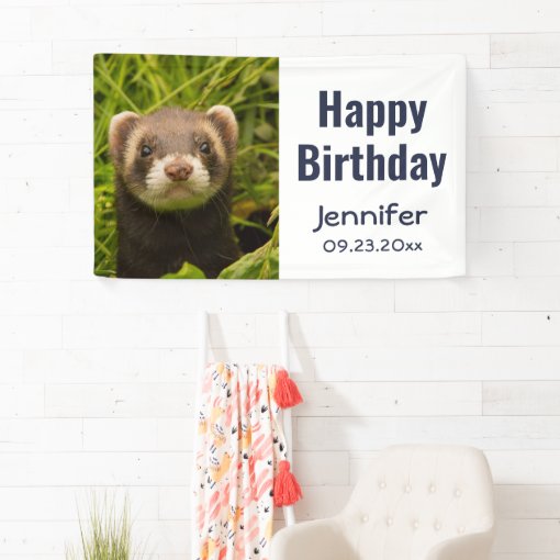 Cute Brown Ferret in the Grass Happy Birthday Banner | Zazzle