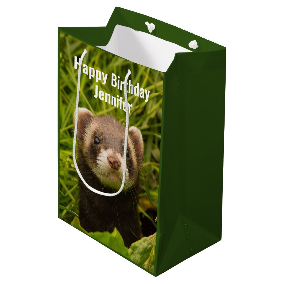 Cute Brown Ferret in the Grass Happy Birthday Medium Gift Bag | Zazzle