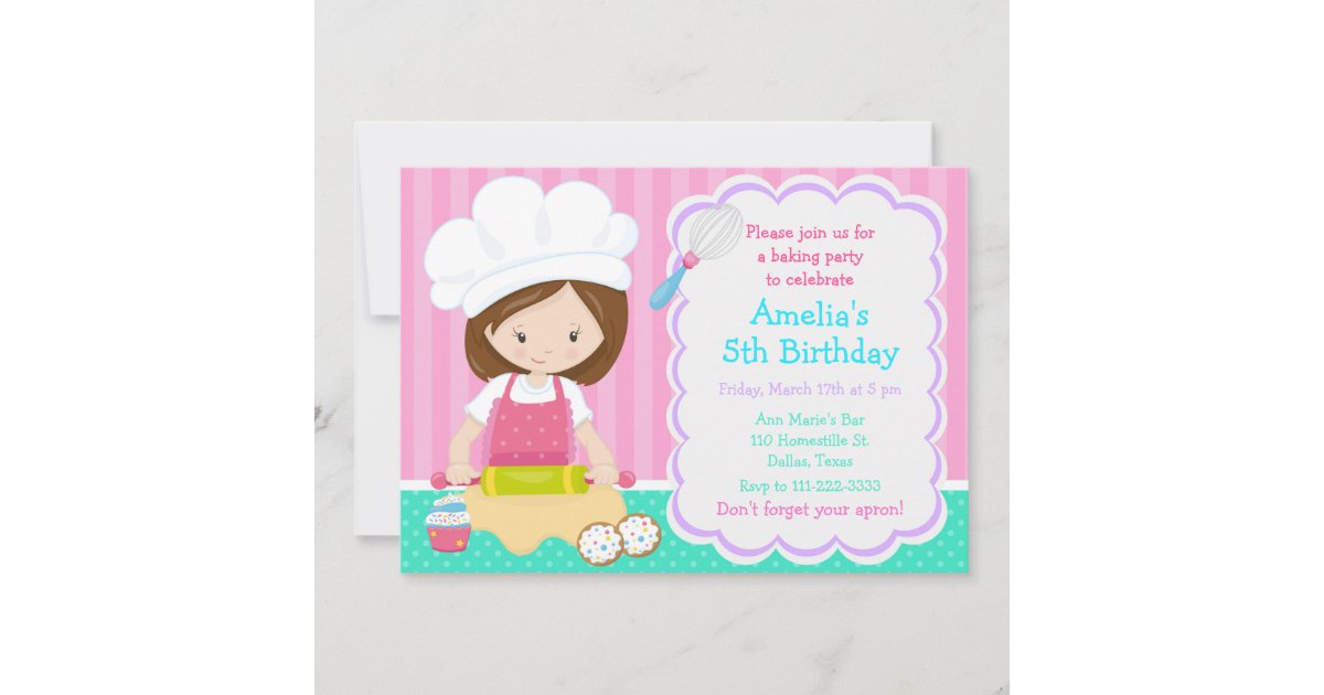 Cute Brunette Girl Baking Birthday Party Invitation | Zazzle