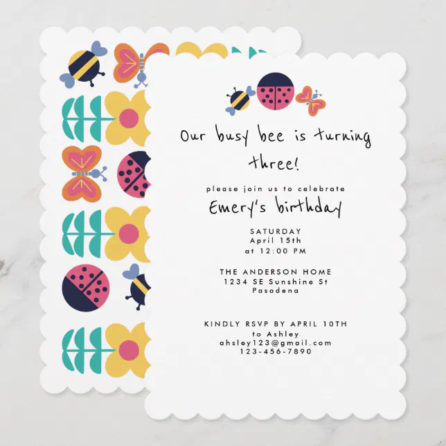 Cute Bug Garden Busy Bee Third Birthday Party Invitation | Zazzle