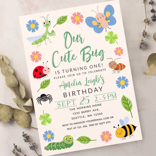 Cute Bug Ladybug Buttefly Kids 1st Birthday Party Invitation | Zazzle