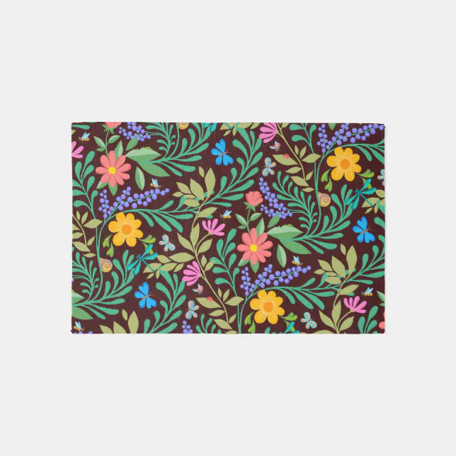 Cute Bugs Funny Floral Spring Summer Brown Pattern Rug | Zazzle
