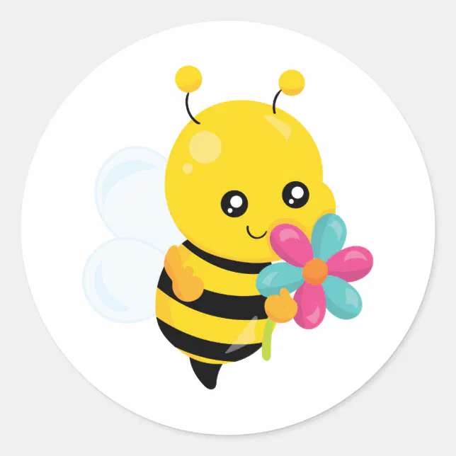 Cute bumblebee holding a flower classic round sticker | Zazzle