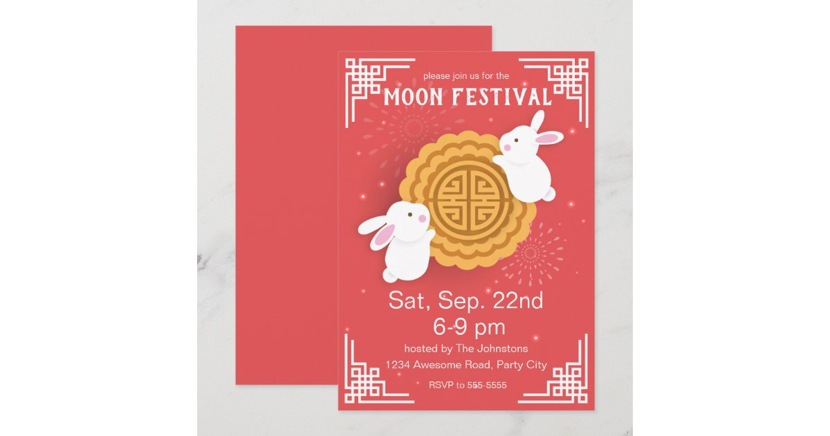 Cute Bunnies and Mooncake Mid-Autumn Festival Invitation | Zazzle