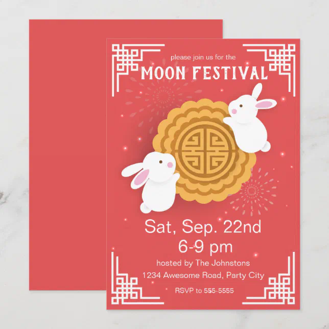 Cute Bunnies and Mooncake Mid-Autumn Festival Invitation | Zazzle