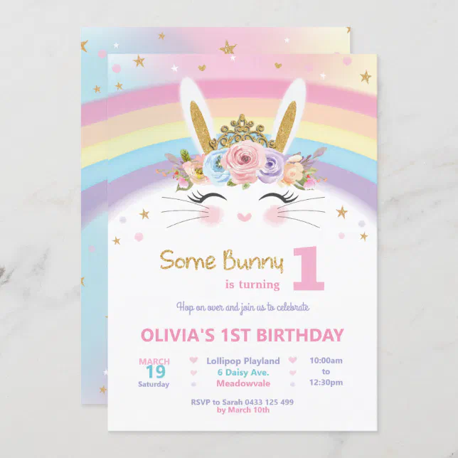 Cute Bunny 1st Birthday Girls Rainbow Rabbit Invitation | Zazzle