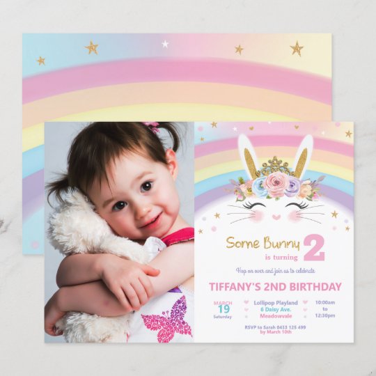Cute Bunny 1st Birthday Girls Rainbow Rabbit Photo Invitation | Zazzle.com