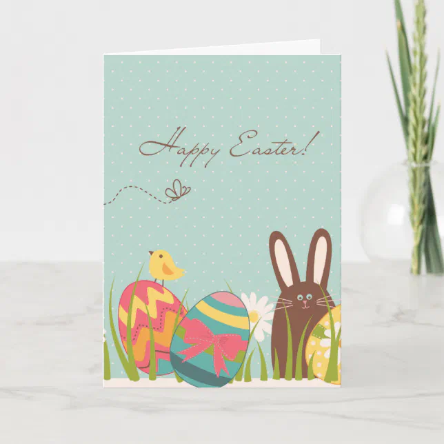 Cute Bunny and Decorated Eggs Happy Easter Card | Zazzle
