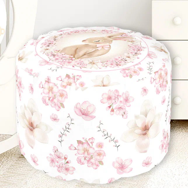 CUTE BUNNY & CHERRY BLOSSOM NURSERY POUF | Zazzle