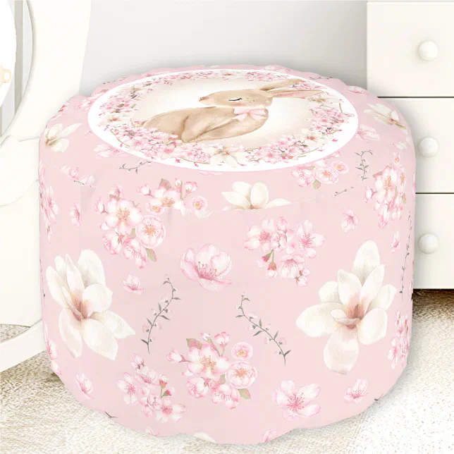 CUTE BUNNY & CHERRY BLOSSOM PINK NURSERY POUF | Zazzle