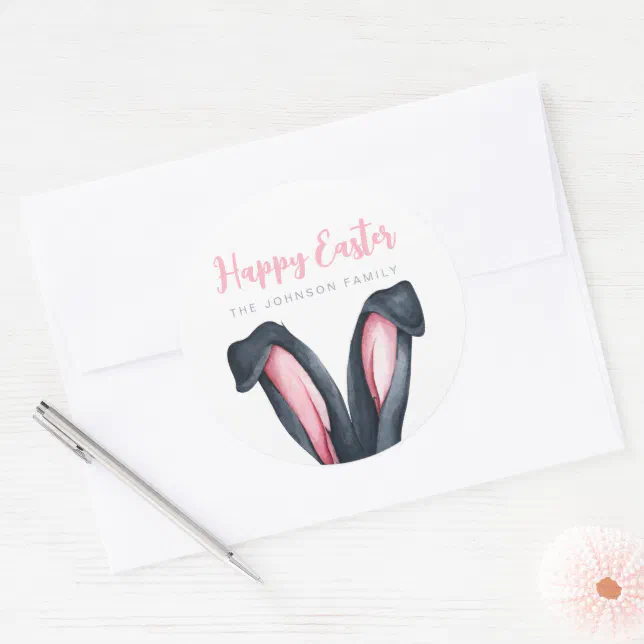 Cute Bunny Ears Happy Easter Classic Round Sticker | Zazzle