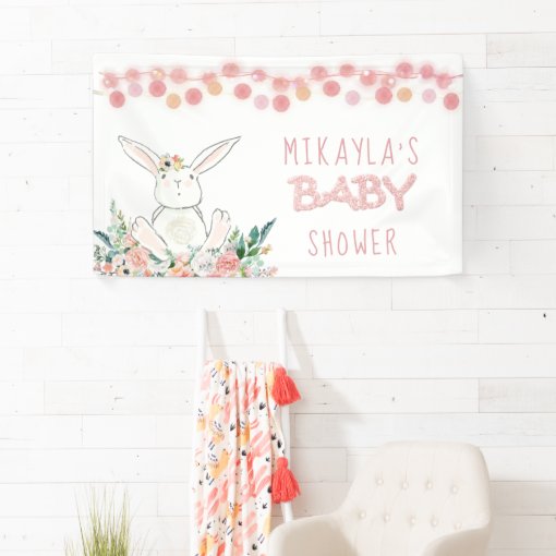 Cute Bunny Floral Rose Gold Glitter Baby Shower Banner | Zazzle