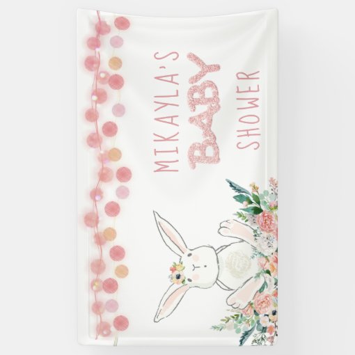 Cute Bunny Floral Rose Gold Glitter Baby Shower Banner | Zazzle