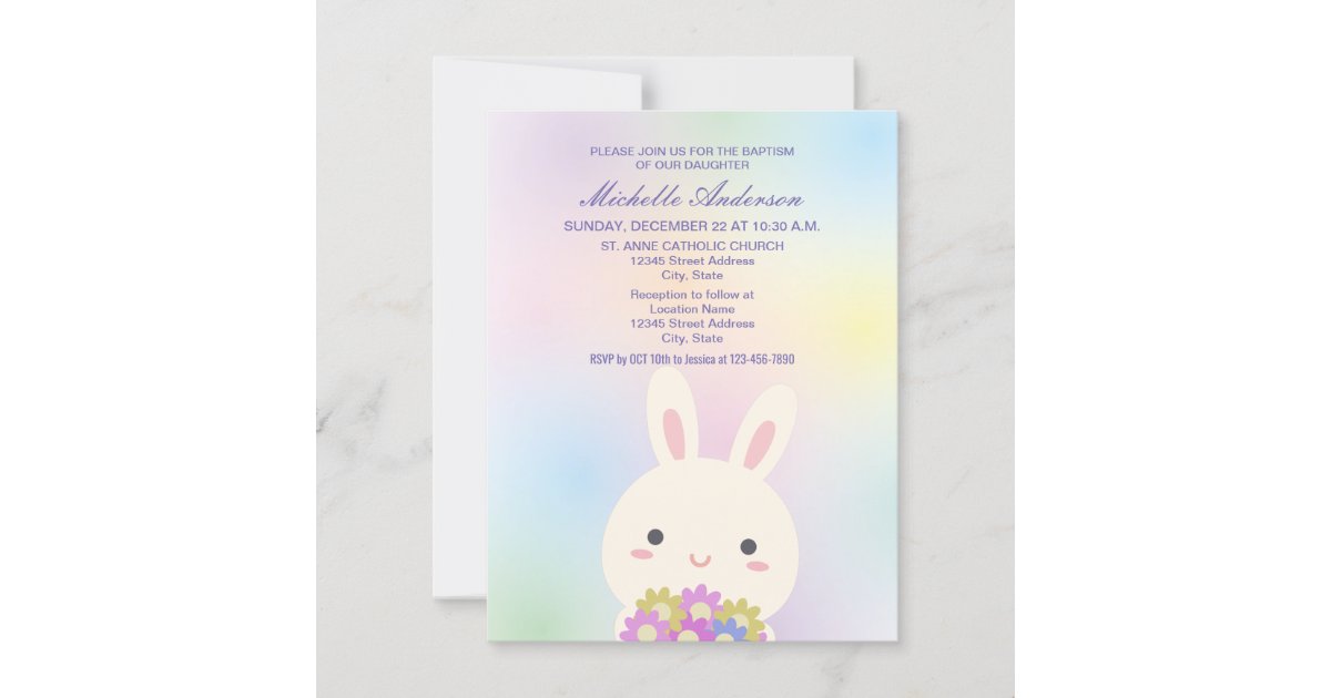 Cute Bunny & Flowers Baby Girl Christening Baptism Invitation | Zazzle
