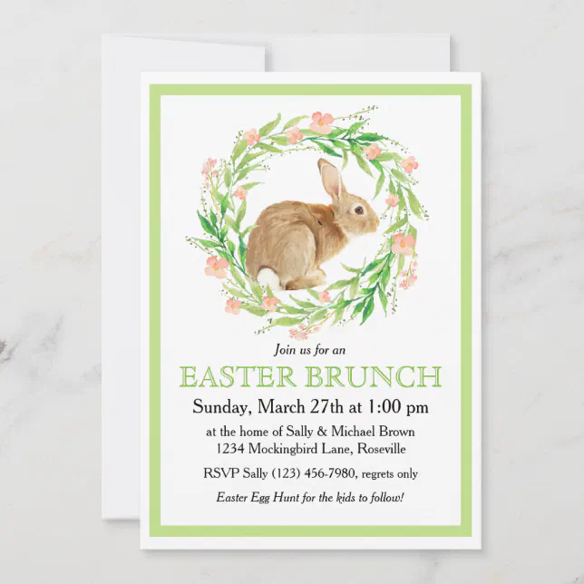 Cute Bunny in Floral Wreath Easter Brunch Invitation | Zazzle